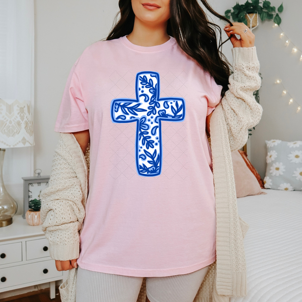 Blue Floral Cross Transfer – Classy Crafts